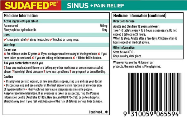 SUDAFED PE Sinus and Pain Tabs 20s – Baillie & Lewis Pharmacy